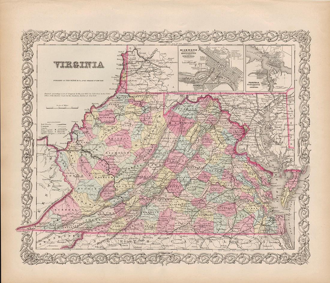 1855 map of Virginia by G. W. Colton