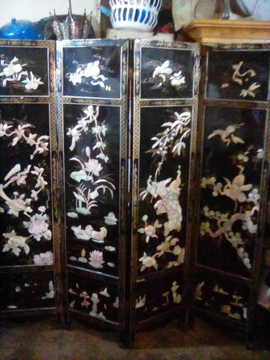 Antique Chinese Black Lacquer Jade Hardstone Screen