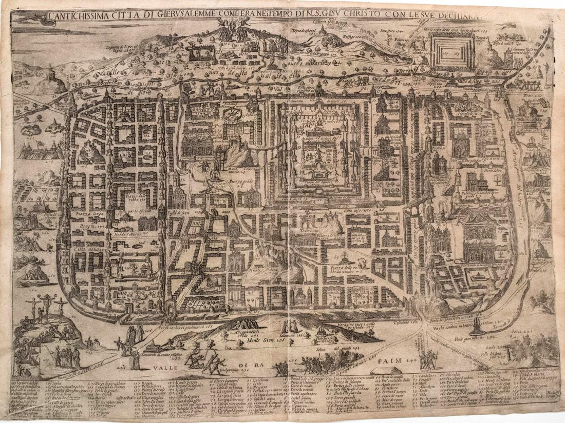 1595 Florimi Map Of Jerusalem And Christ Crucifiction