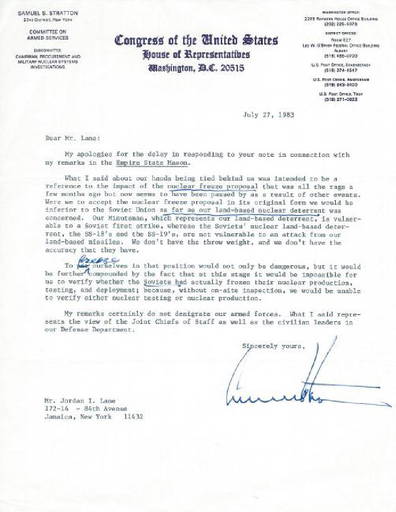 Letter By Samuel Stratton, 1916 1990 Nys Politician (d)