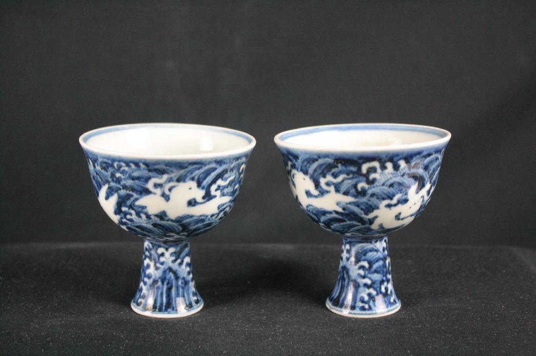 Pair Of Chinese Blue And White Porcelain Stem Cups