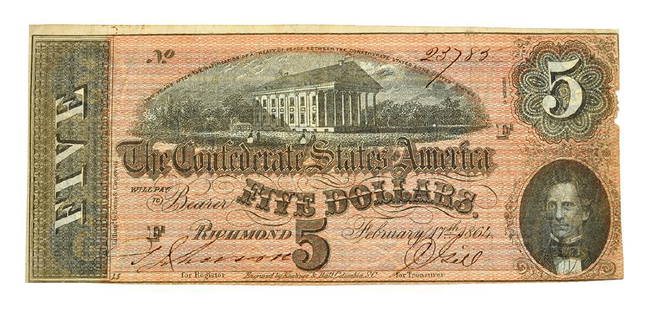 1864 $5 Confederate Note Very Nice