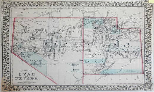Mitchell: Antique County Map Of Utah & Nevada, 1870