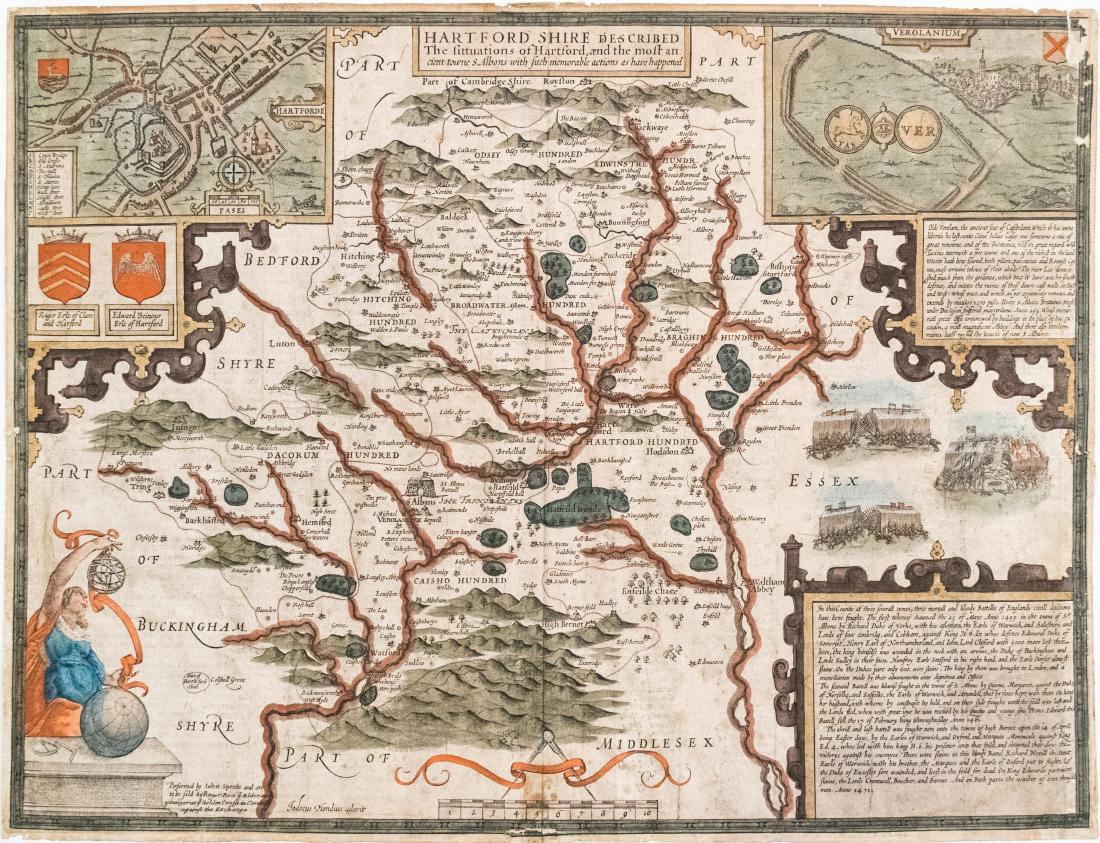 Speed: Antique Map of Hertfordshire, UK, 1660