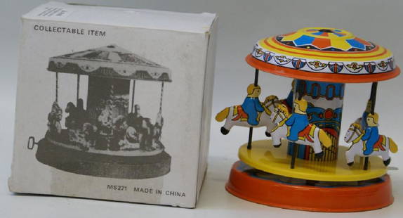 Pair Celluloid & Tin Litho Wind Up Merry Go Rounds