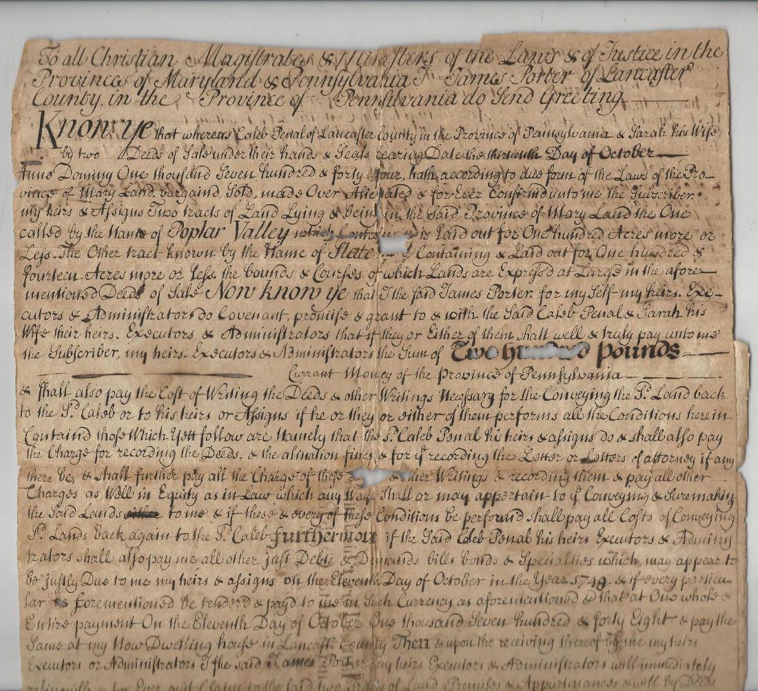 1744 Manuscript Indenture Land Lancaster Pennsylvania
