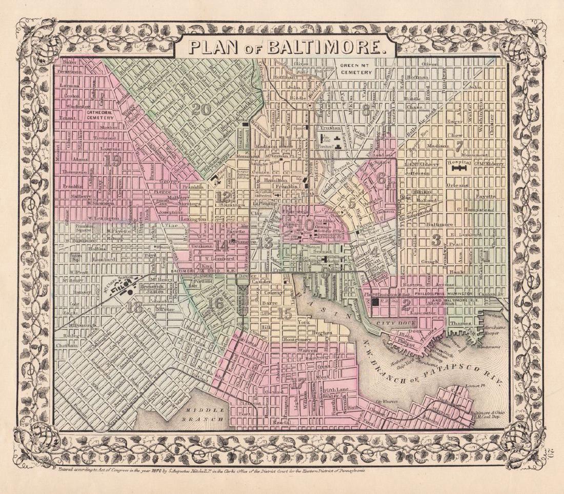 Mitchell: Antique Plan Of Baltimore, 1870