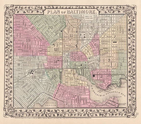 Mitchell: Antique Plan Of Baltimore, 1870