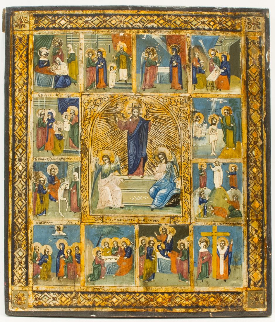 Resurrection With Twelve Feasts Russian Icon, 19th C