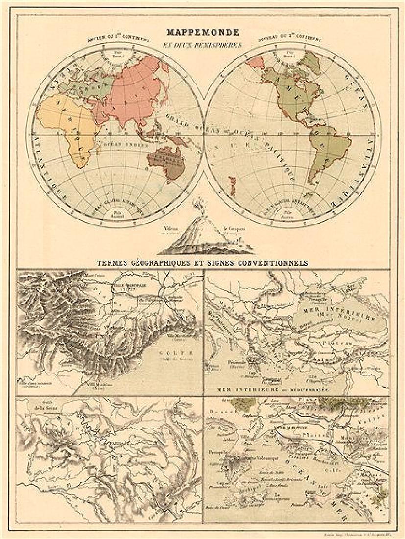 Cortambert: Antique Map of World in Hemispheres, 1880