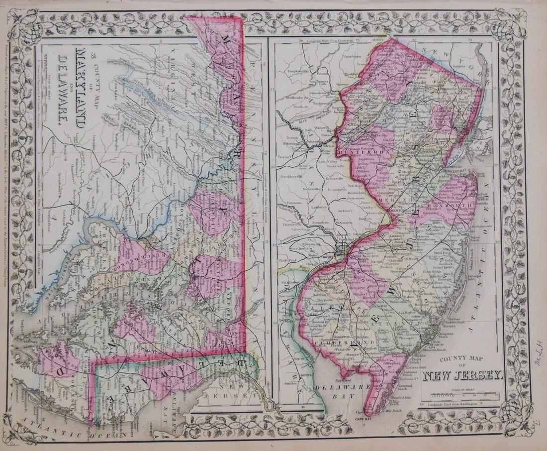 Mitchell: Antique Map Of New Jersey Delaware Maryland