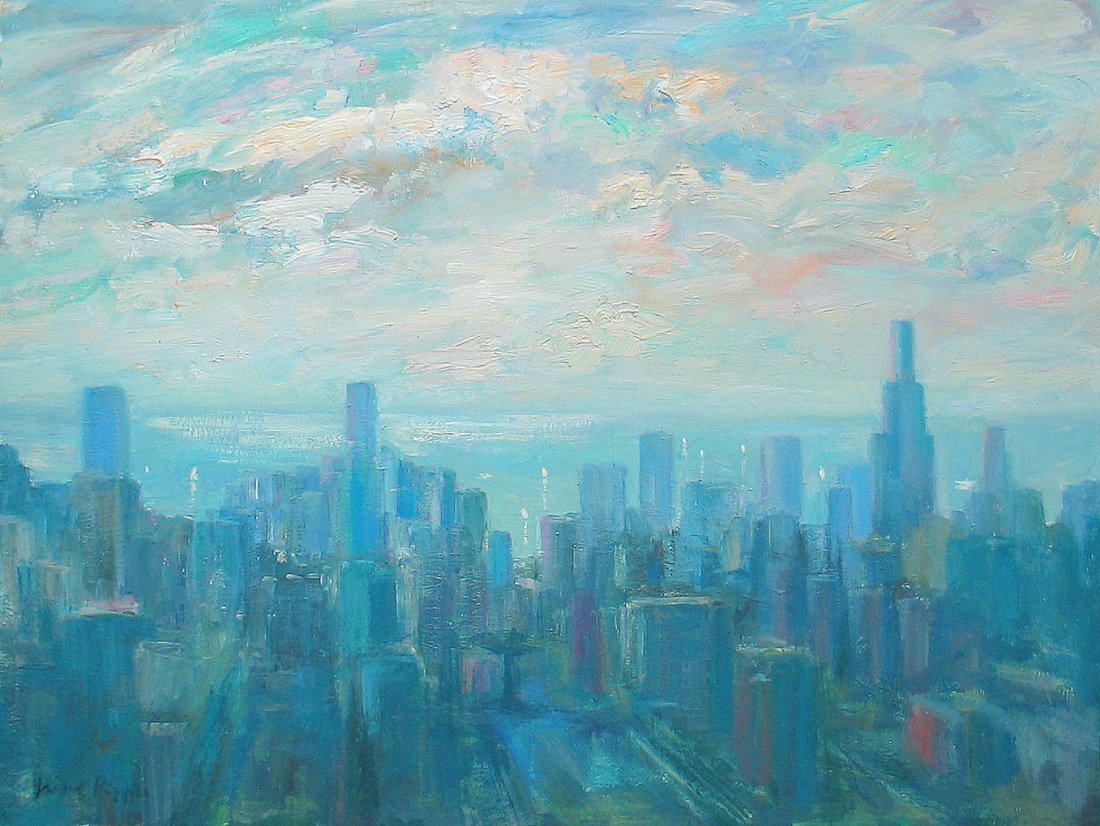 Nino Pippa Oil Painting Chicago Skyline on Twilight