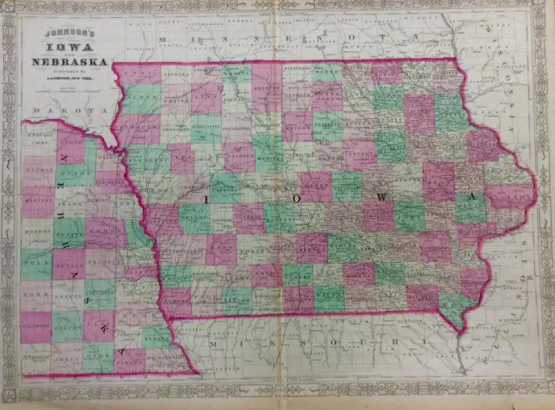 Johnson: Antique Map Of Iowa & Nebraska, 1868