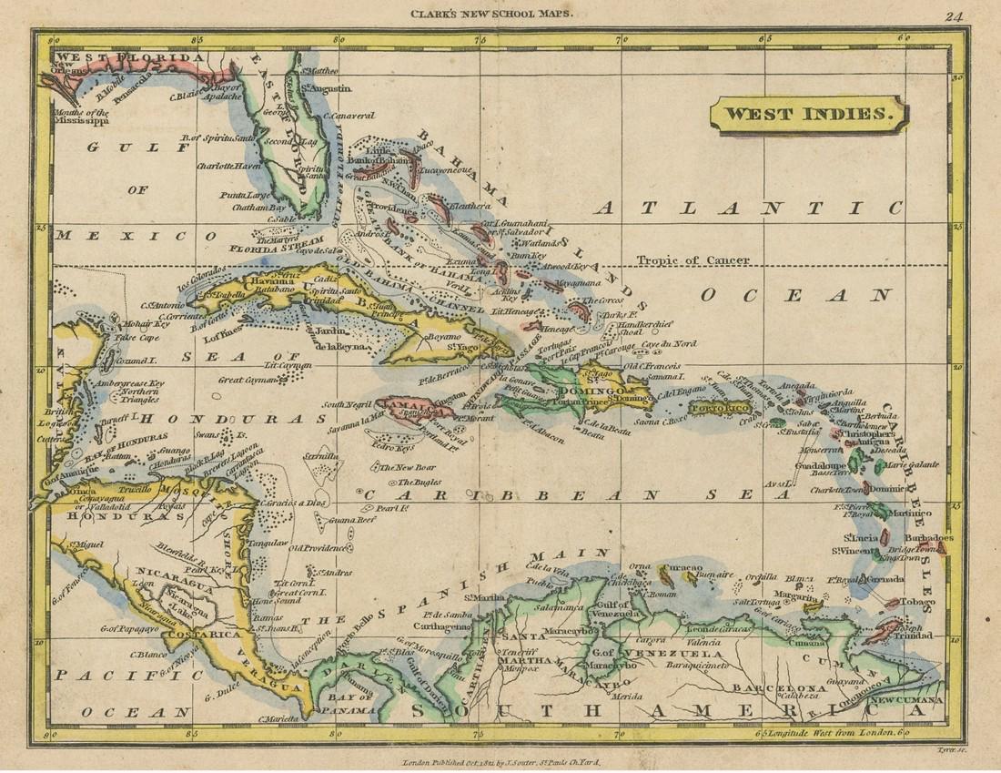 Antique map of the Caribbean Sea and the Spanish Main