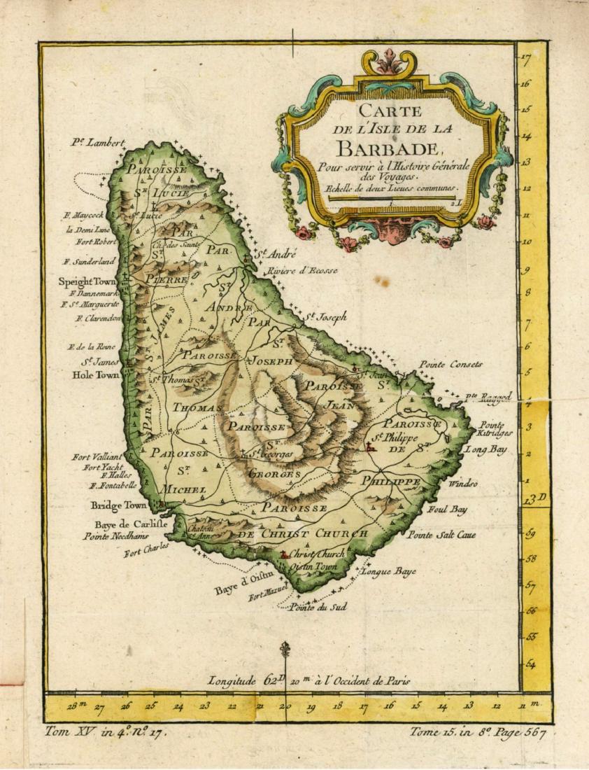 Small antique map of Barbados in the Caribbean