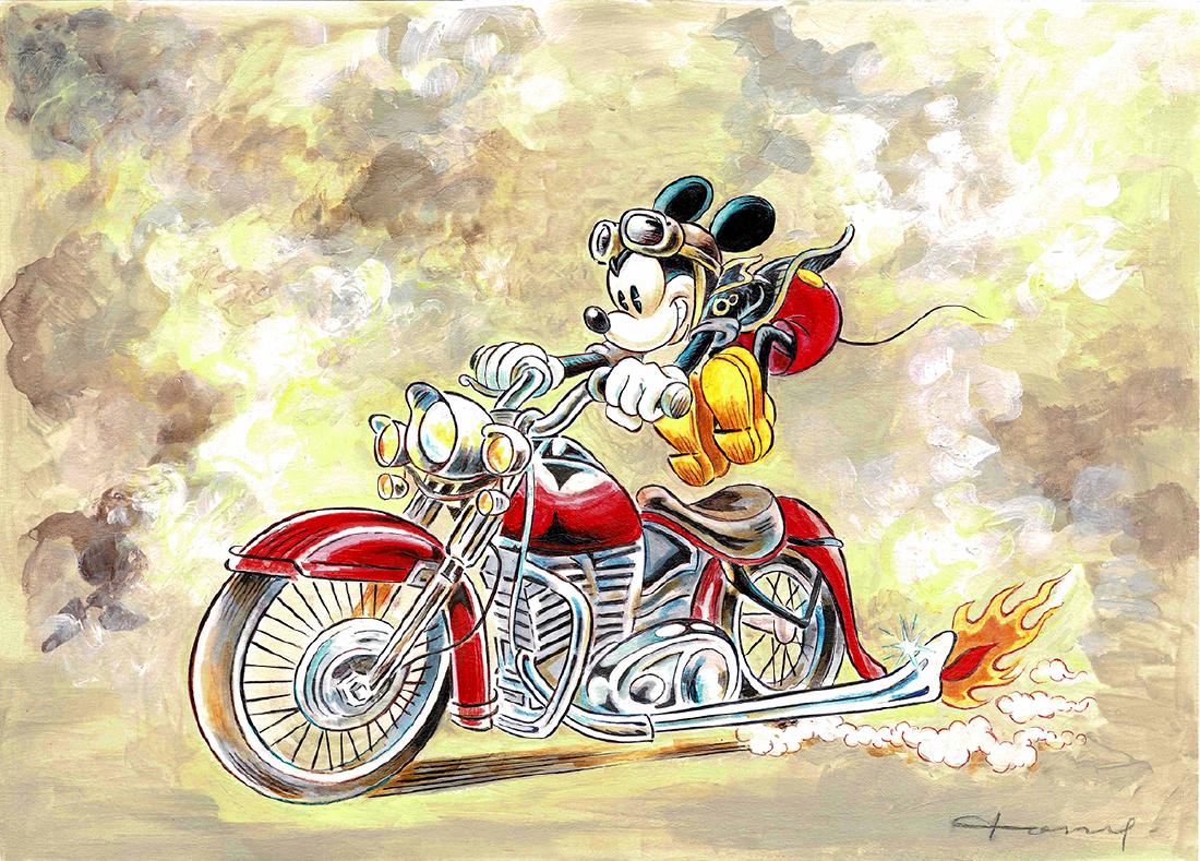 Original Painting Mickey Mouse Riding a Motorcycle
