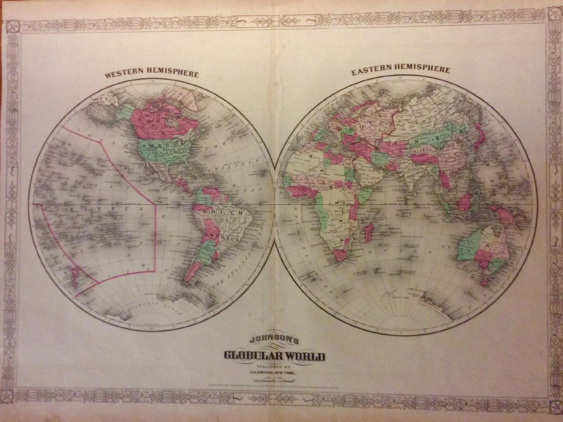 Johnson: Antique Map of Globular World, 1868