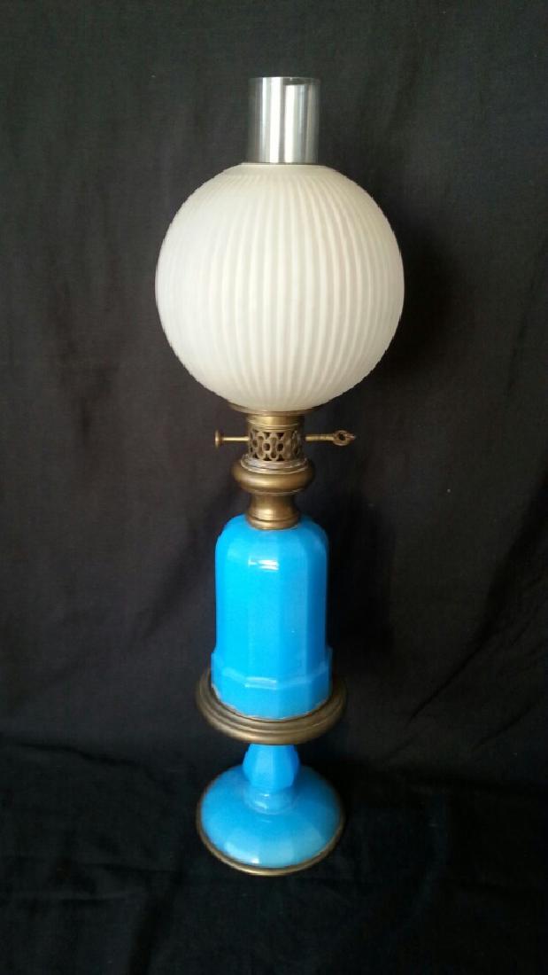 Blue Opaline Glass Oil Lamp On Opaline + Brass Pedestal