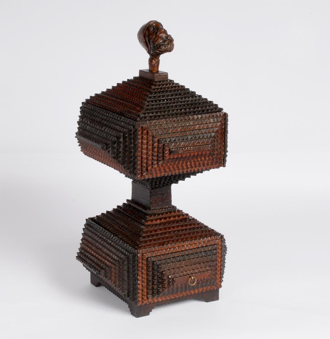 Tramp Art Box-on-box With Carved Man Circa 1900