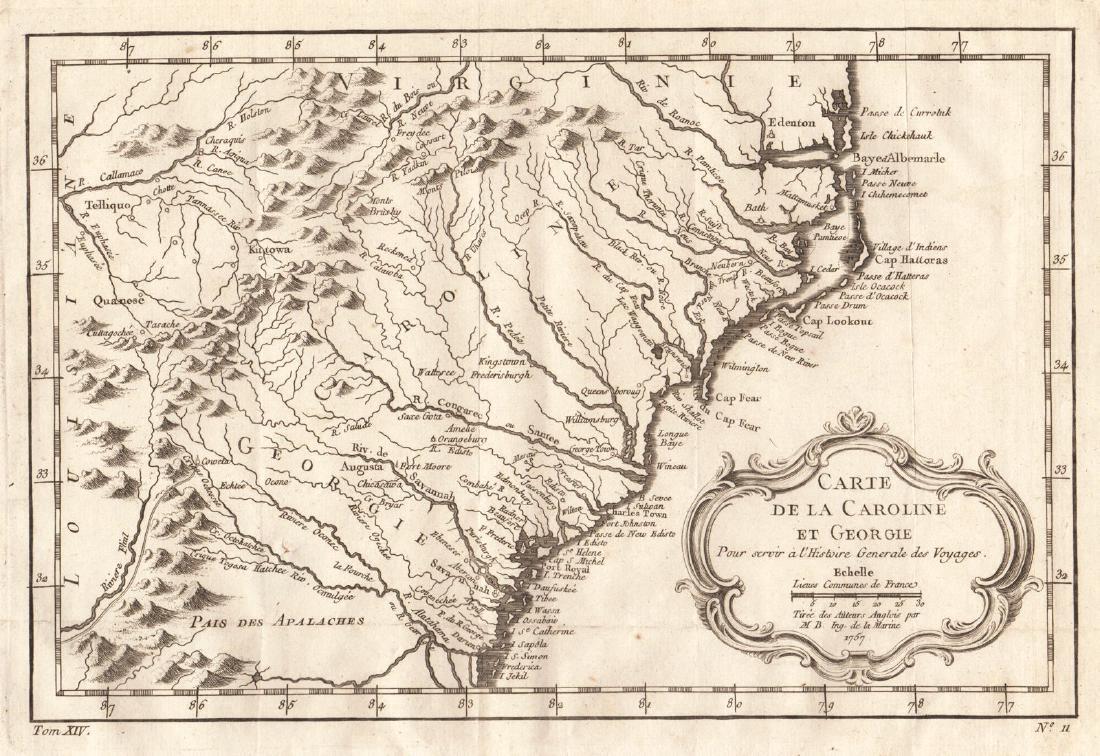 Bellin: Antique Map Of The Carolinas And Georgia, 1757