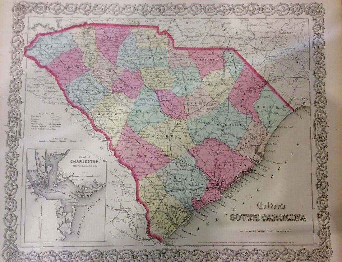 Colton: Antique Pre Civil War Map South Carolina, 1861