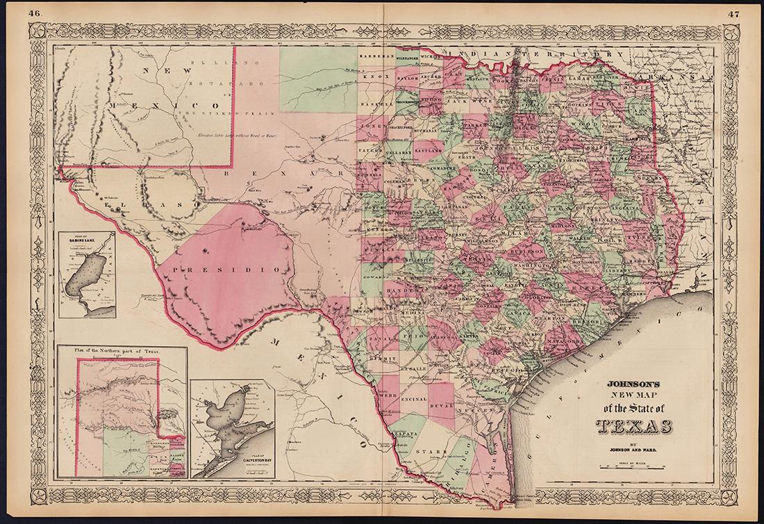 Johnson & Ward: Antique Map of Texas, 1865