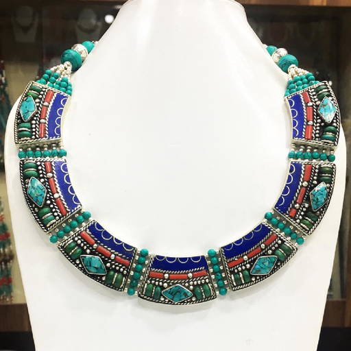 Tibetan Silver Turquoise & Red Coral Necklace