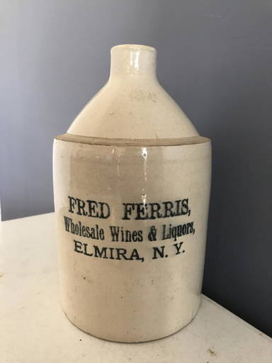 Stoneware Fred Ferris, Elmira Ny Whisky Jug