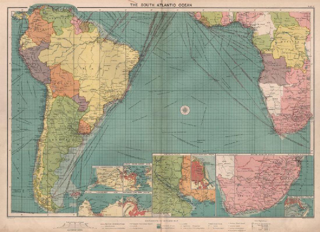 Antique Sea Chart Map of South Atlantic Ocean, 1914