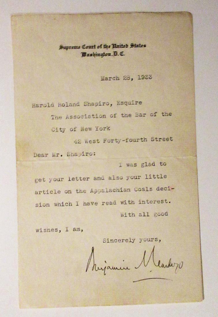 Benjamin Cardozo, autograph letter
