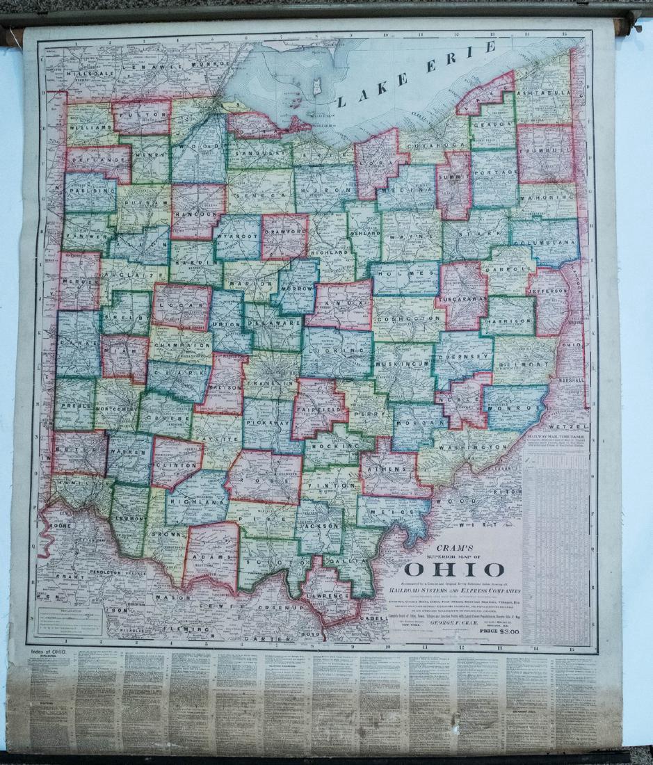 Cram: Antique Ohio Railroad Retractable Wall Map, 1901