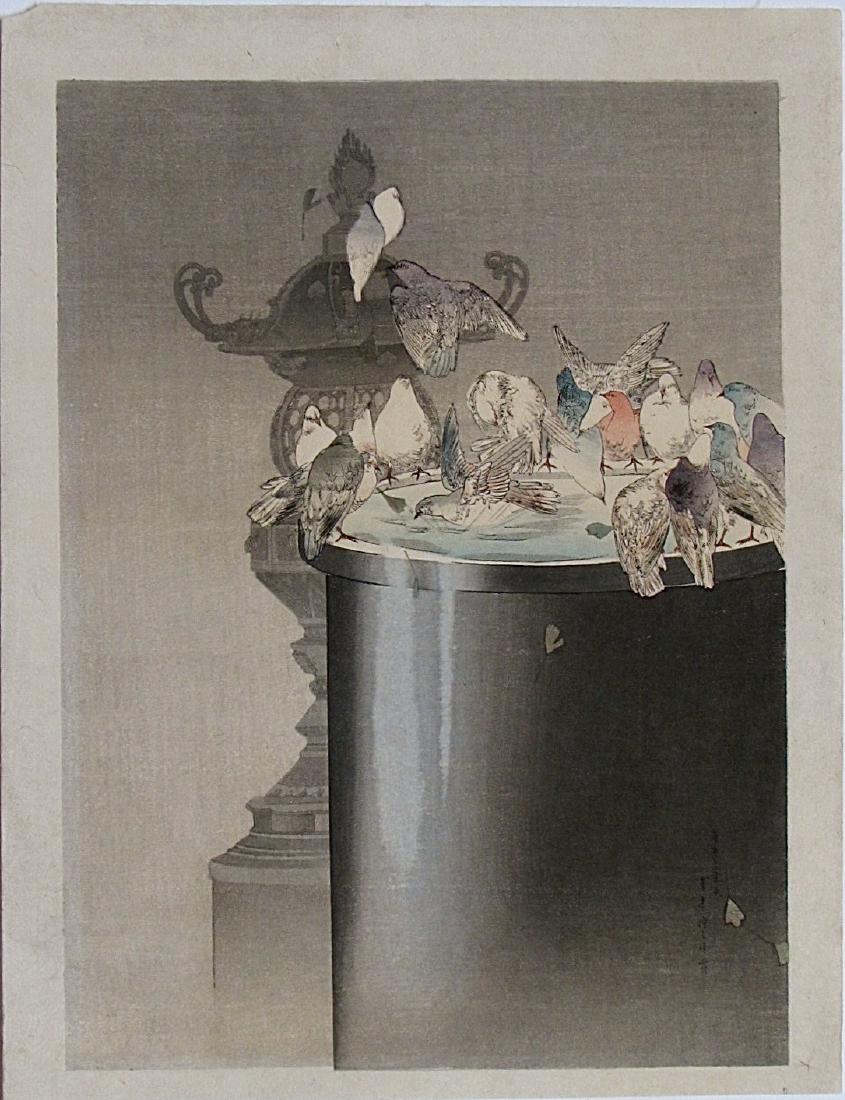 Watanabe Seitei Woodblock Pigeons On A Fountain