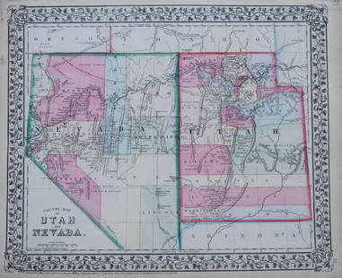 Mitchell: Antique County Map Of Utah & Nevada, 1870