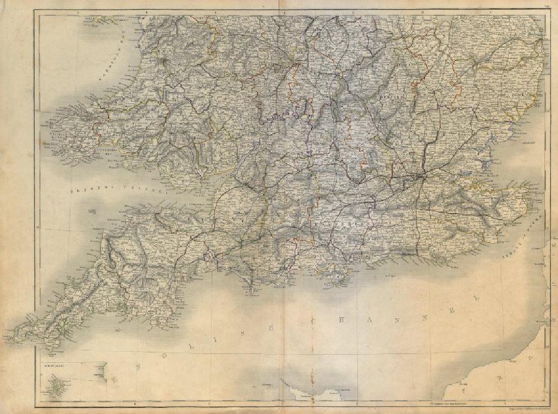 Hall: Antique Map of South England and Wales, 1845