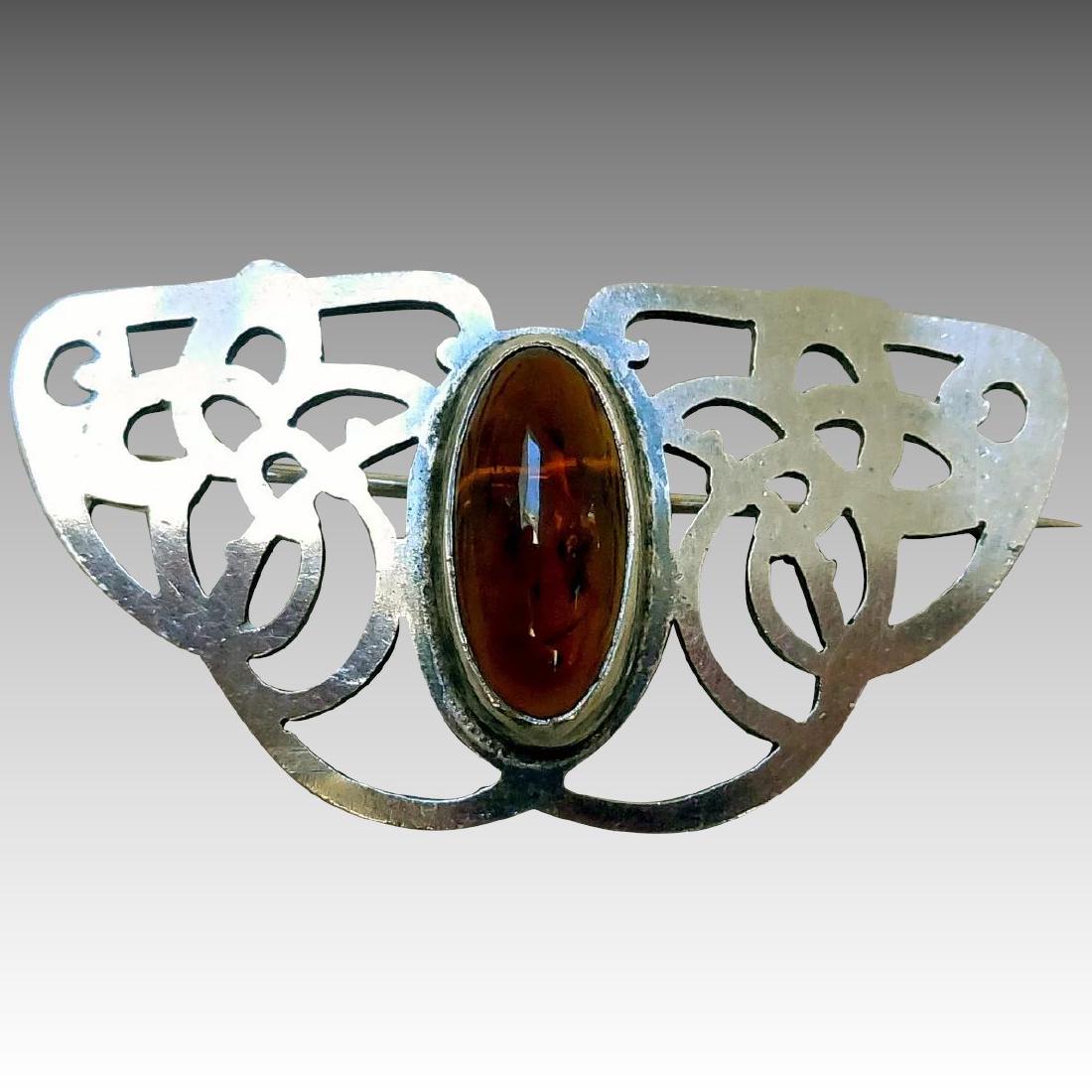 Antique Sterling Silver & Amber Brooch
