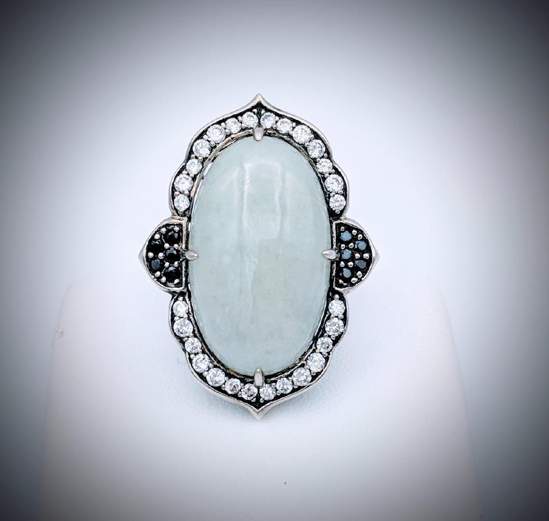Sterling Silver Jade, Melanite, and Cubic Zirconia Ring