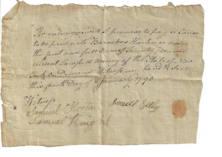 1790 New York Promissory Note Barnabas Horton