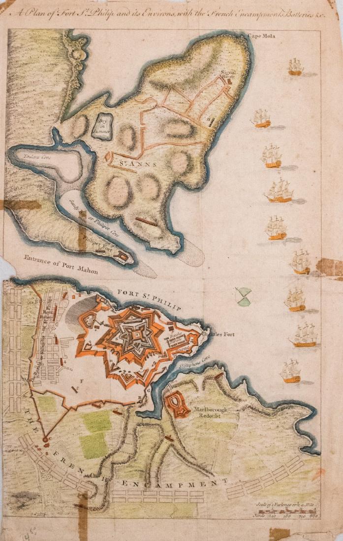 1756 Map of Minorca's St. Philip and Mahon Harbor -- A