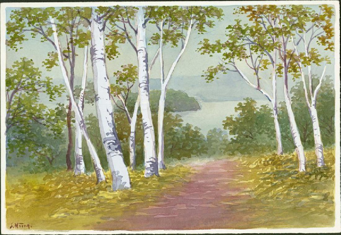S. Niimi Woodblock Path Through Birch Trees