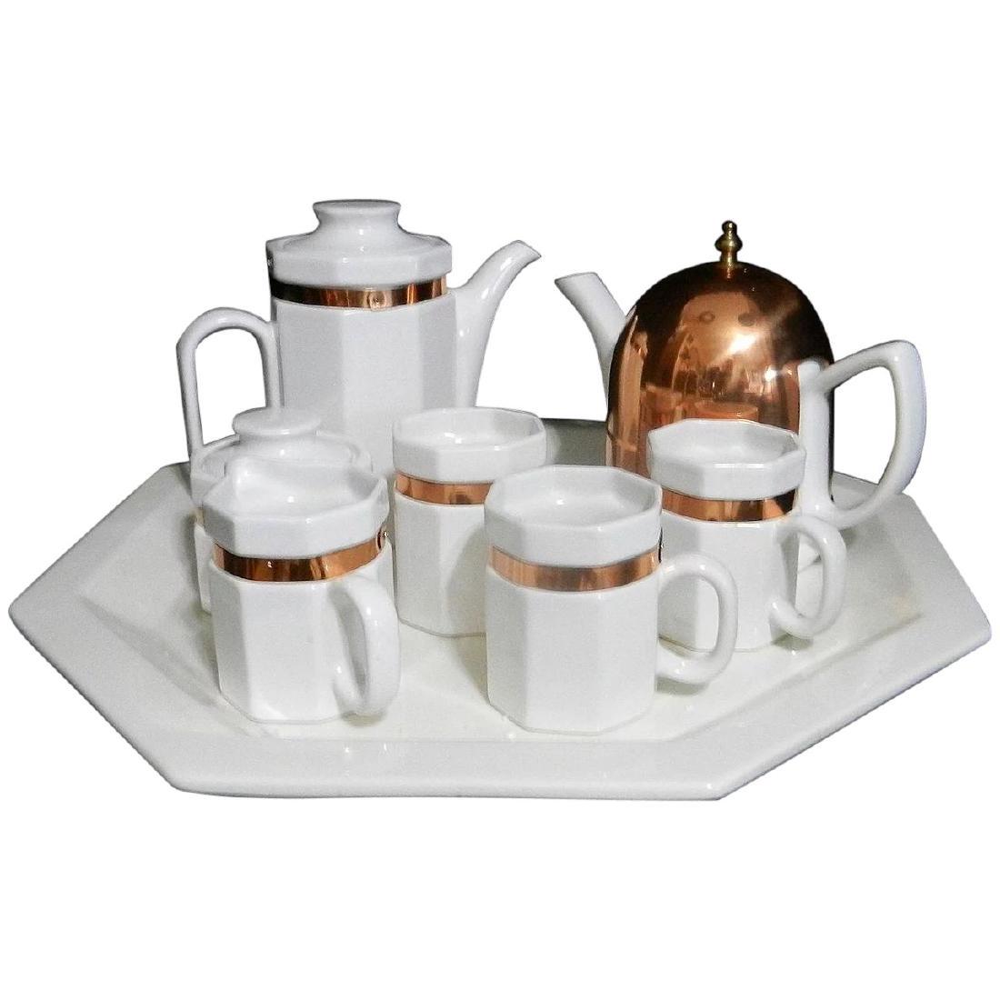 Vintage Italian Porcelain And Copper Coffee Set