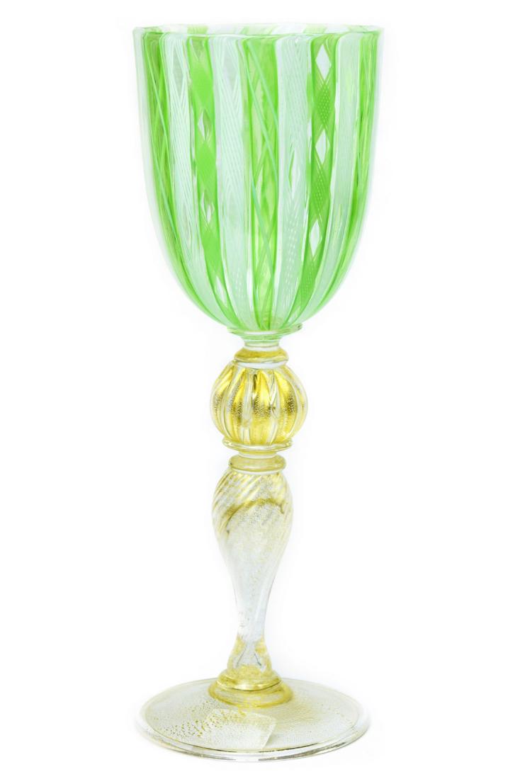 Murano glass Goblet with reticello and gold leaf Sigend