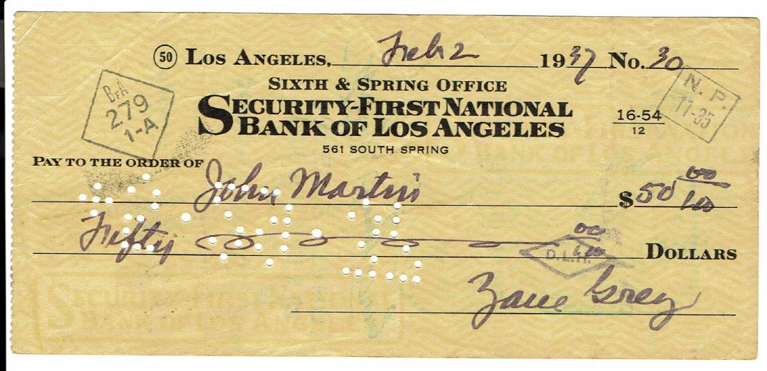 Zane Grey Autograph Signed Check