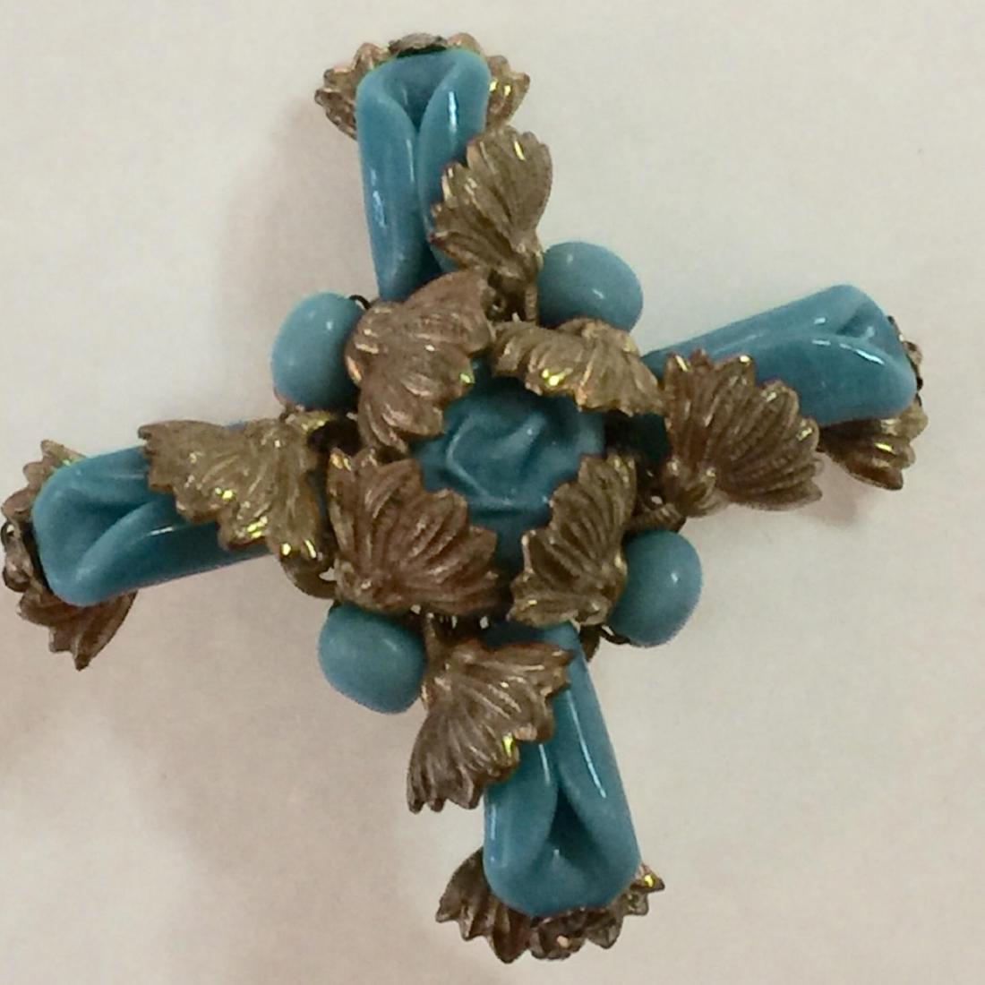 Miriam Haskell Turquoise/Antiqued Gold Iron Cross Pin