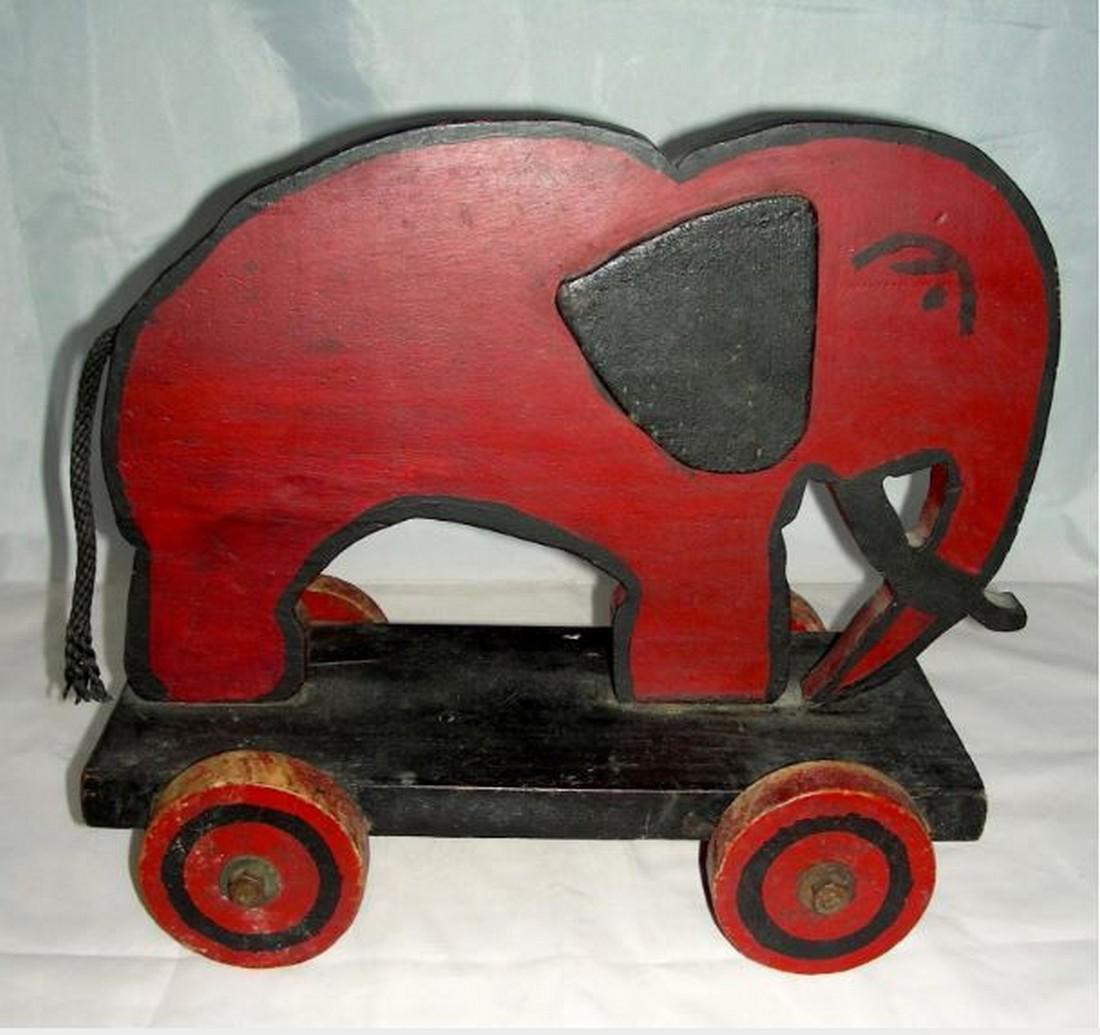 Wooden Elephant Pull Toy w/ Applied Ears & Scowl