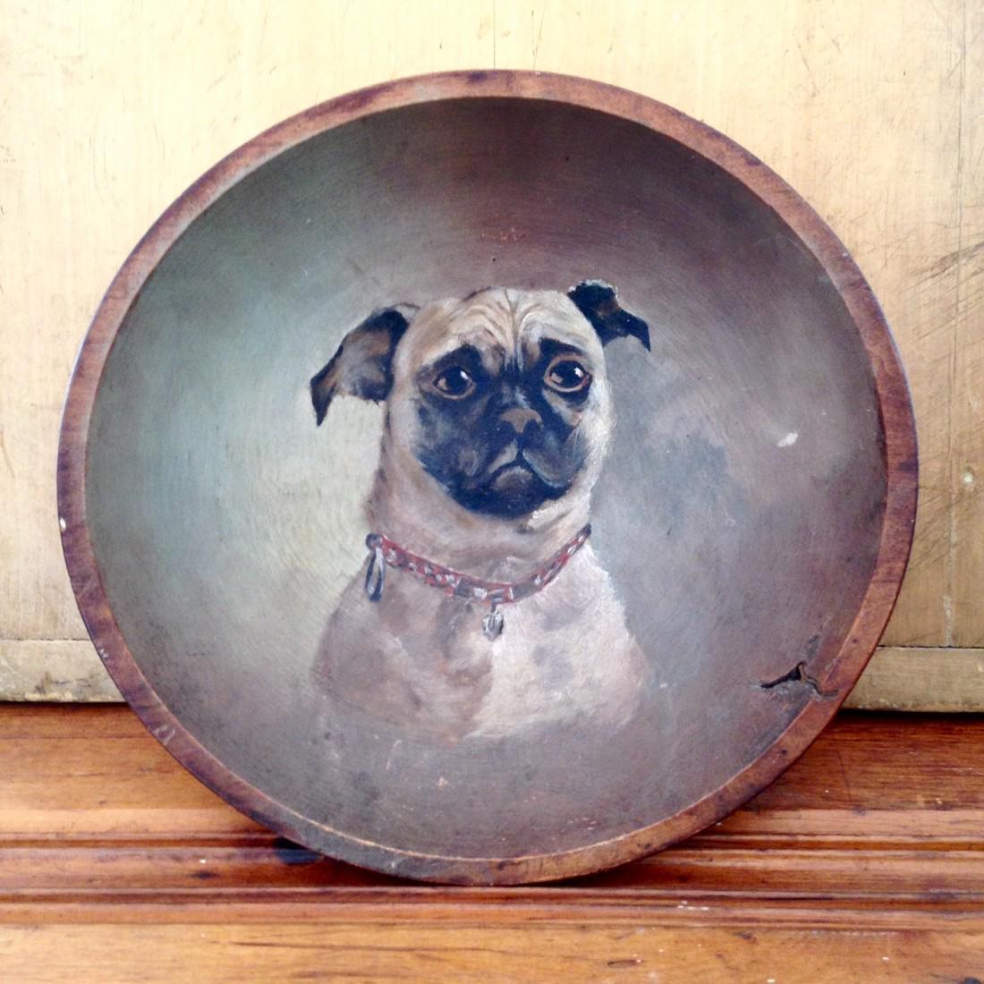 Late 19thc Victorian pug painting on a wooden bowl