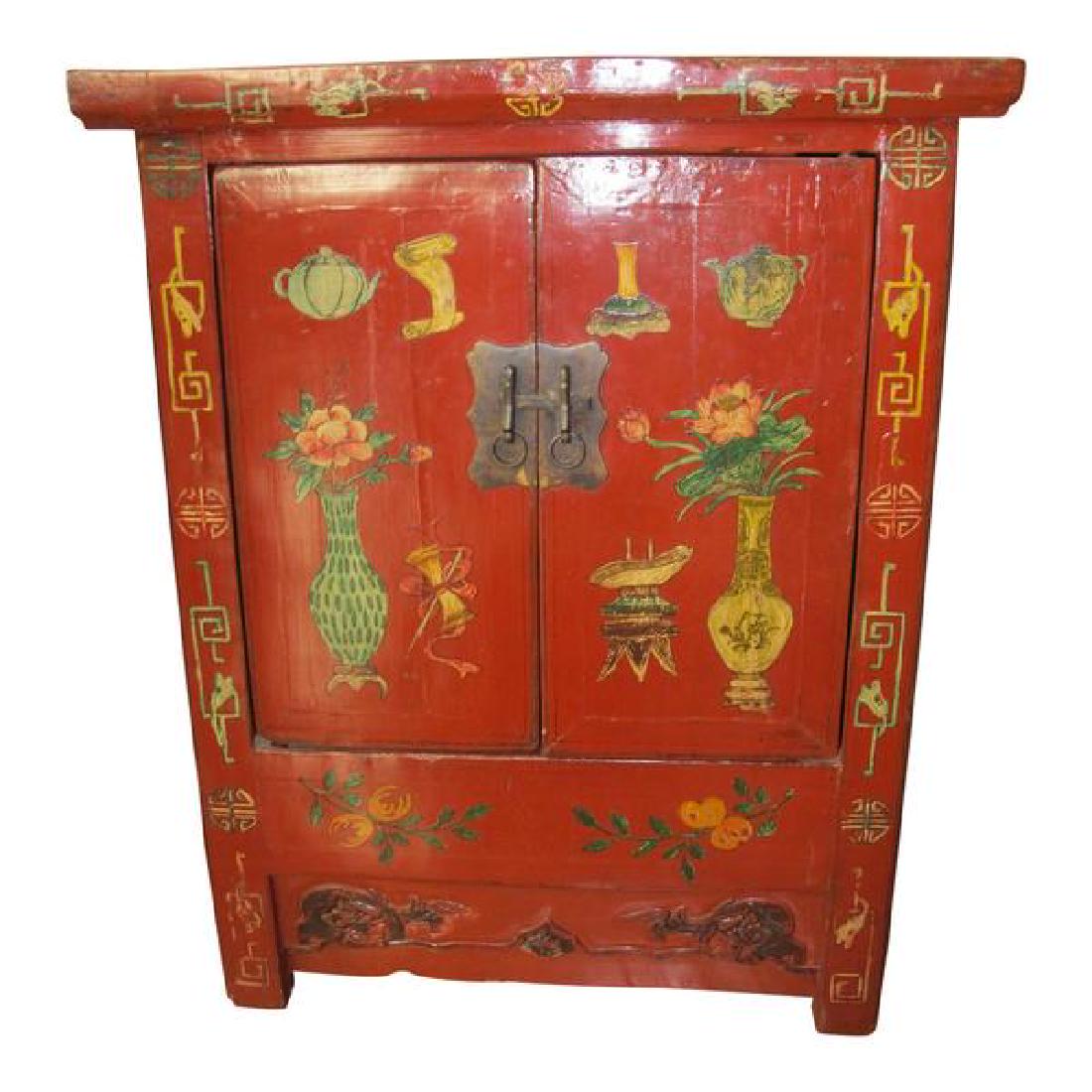 Early 1900s Antique Chinese Red Decorated Side Chest