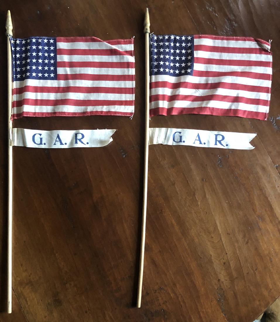 Pair of 48 star flags with GAR ribbons
