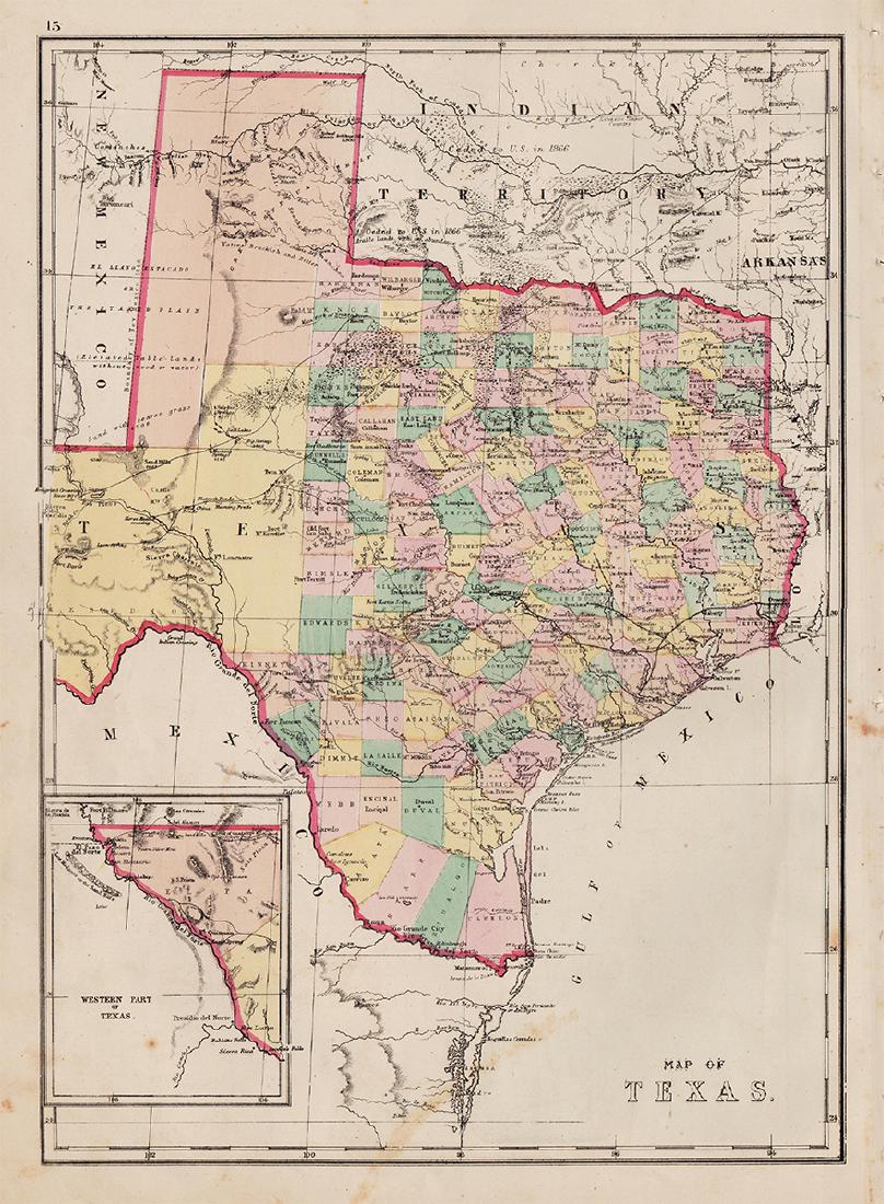 Scarce 1875 hand-colored map of Texas by Hardesty