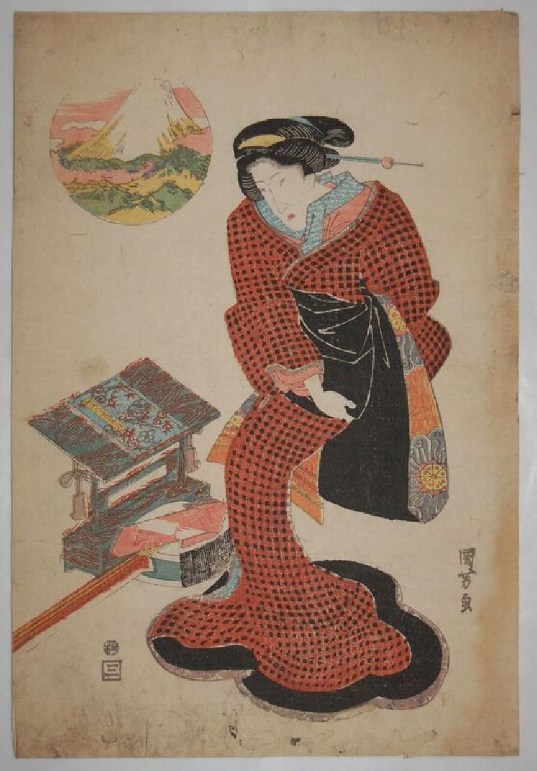 Kuniyoshi Woodblock Geisha and Shamisen at Shamisen