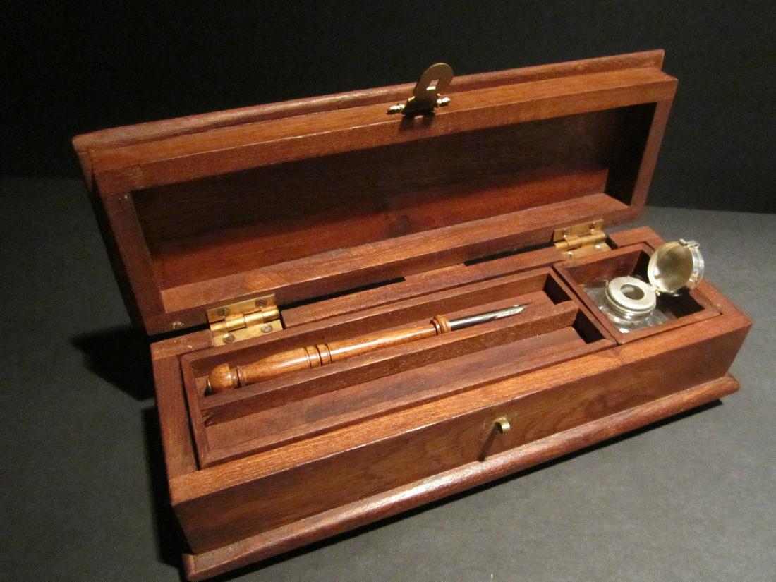 Hardwood Inkwell Writing Box Pen Desk Set w Inkwell